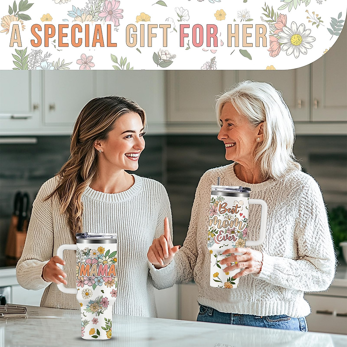 Gifts for Mom, Best Mom Ever Tumbler 40oz with Handle and Straw, Mama/Mom Gifts From Daughter Son, Mom Birthday Gifts, Mothers Day Presents Ideas, Christmas Gifts for Best Mom Ever Mug, Flower