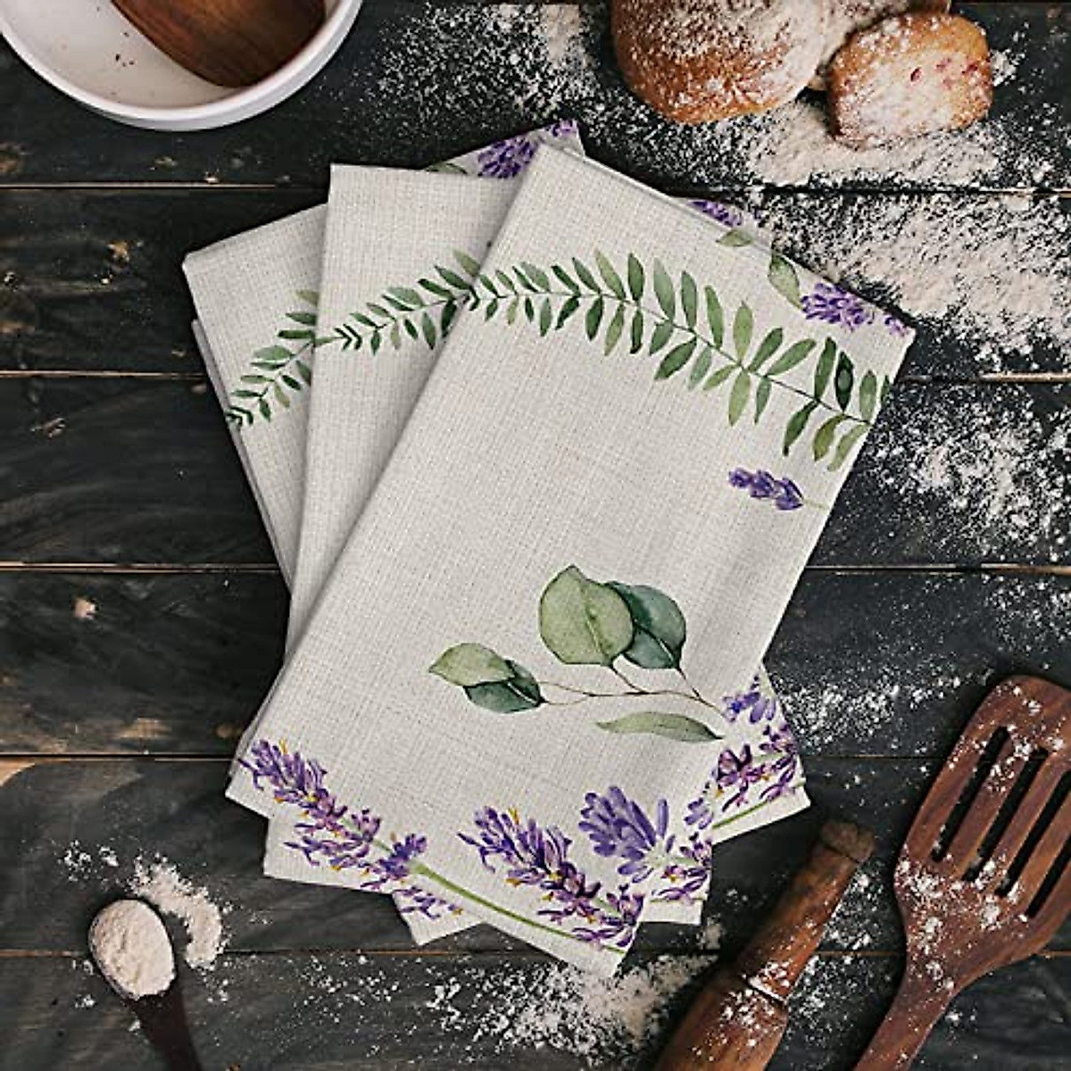 Kitchen Towels Set of 2 Green Leave Tea Dish Towels and Dishcloths Sets Decorative Tea Towel Yellow Sunflower Purple Lavender Absorbent Hand Towels for Kitchen Drying Bathroom Decor Gift 18x28 Inch