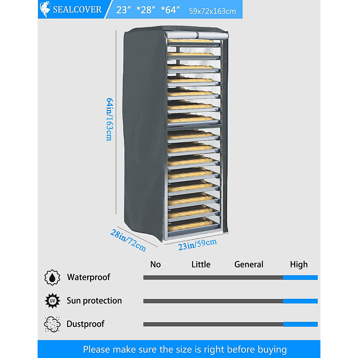 Sealcover Bun Pan Rack Cover, 23x28x64in Grey, High Density Waterproof and Dustproof Bread Rack Cover, Bakery Single Rack Covers.