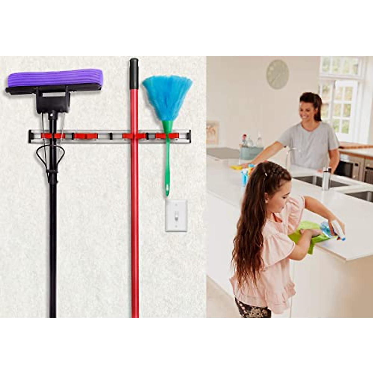 Alpine Industries Mop and Broom Holder Track - 5 Hooks 4 Holders Sliding Cleaning Tool Organizer - Heavy-Duty Adjustable Wall Mount Space Saving Storage Solution (4 Holders - 5 Hooks)