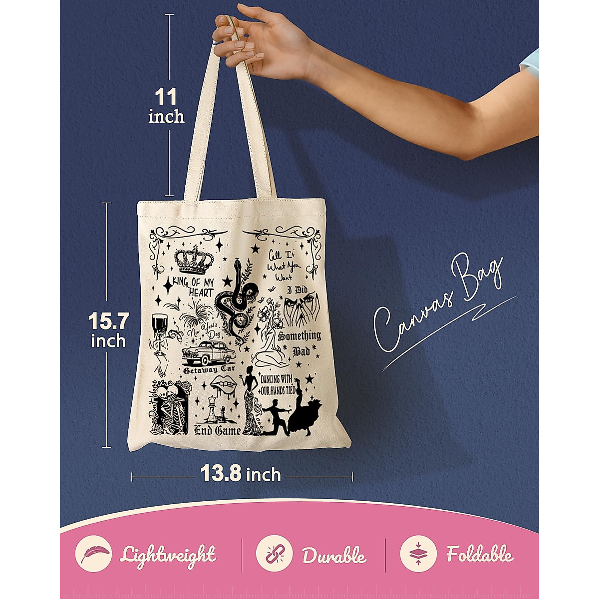 Miss Adola Aesthetic Canvas Tote Bag with Pattern for Women Trendy Casual Music Inspired Cloth Totes Bag for Shopping, Grocery, Gym, Artistic Butterfly Snake