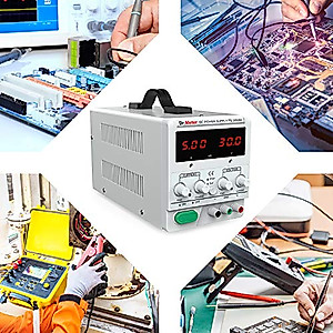 Dr.meter DC Power Supply, 30V 5A Adjustable Switching Regulated DC Bench Linear Power Supply with Alligator Leads and 3 LED Digital Display, Variable Power Supply with US 3-Prong Cable