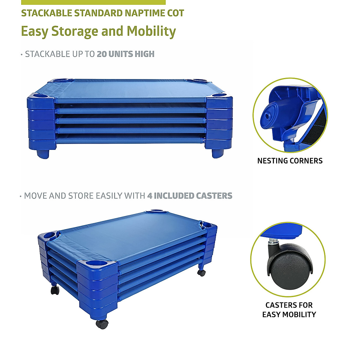 Pearington Stackable Standard Naptime Cot, Blue (Set of 5)