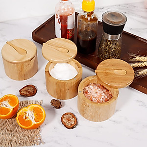 Salt Box Bamboo Salt Container with Swivel Lid, 2Pack Bamboo Salt and Pepper Box, Bamboo Salt Bowl Salt Cellar Easily Open and Seal Salt Holder Dish, Spice Cellar for Storing Salt Pepper Sugar Herbs