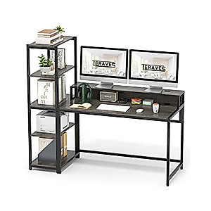 Teraves Computer Desk with 5 Tier Shelves,Reversible Writing Desk with Storage 49 Inch Study Table for Home Office Independent Bookcase and Desk for Multiple Scenes (Desk+Shelves, BOAK)