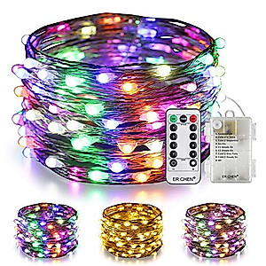 ER CHEN Color Changing Battery Operated Fairy Lights, 33ft 100 LED 8 Modes Silvery Copper Wire Twinkle String Lights with Remote/Timer for Bedroom, Patio, Wedding, Party (Warm White&Multicolor)