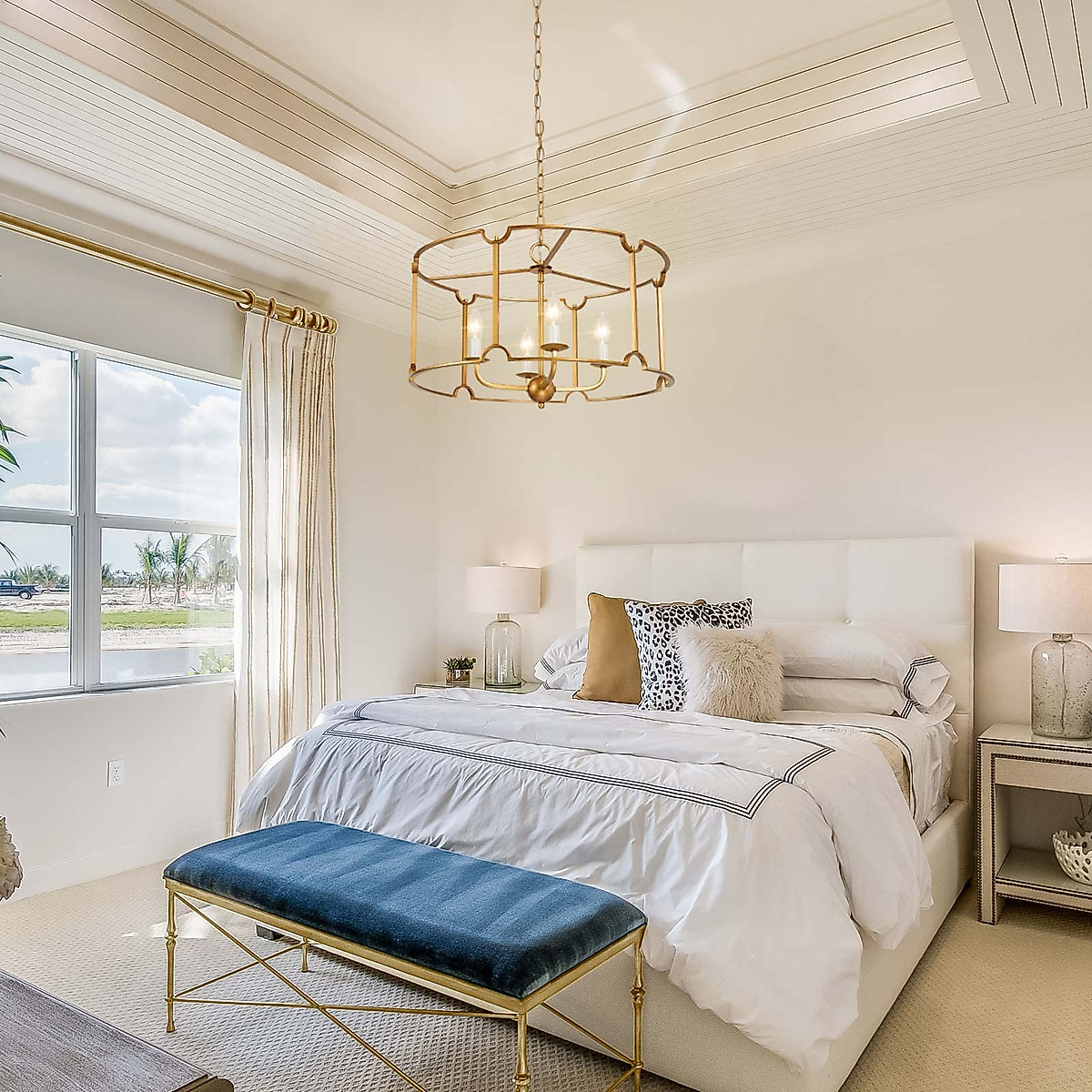 LALUZ Gold Drum Chandelier, 4-Light Modern Dining Room Chandelier Lighting, Large Round Gold Pendant Light Fixture for Kitchen, Foyer & Living Room, Brushed Antique Gold Finish, 22’’ D x 15’’ H