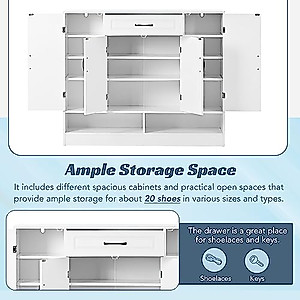 Modern Shoe Cabinet with Adjustable Shelves and Sturdy Top Surface, Wood Sideboard with 1 Drawers, Multifunctional Storage Cabinet for Entrance Corridor Bedroom (White + Particle Board-035)