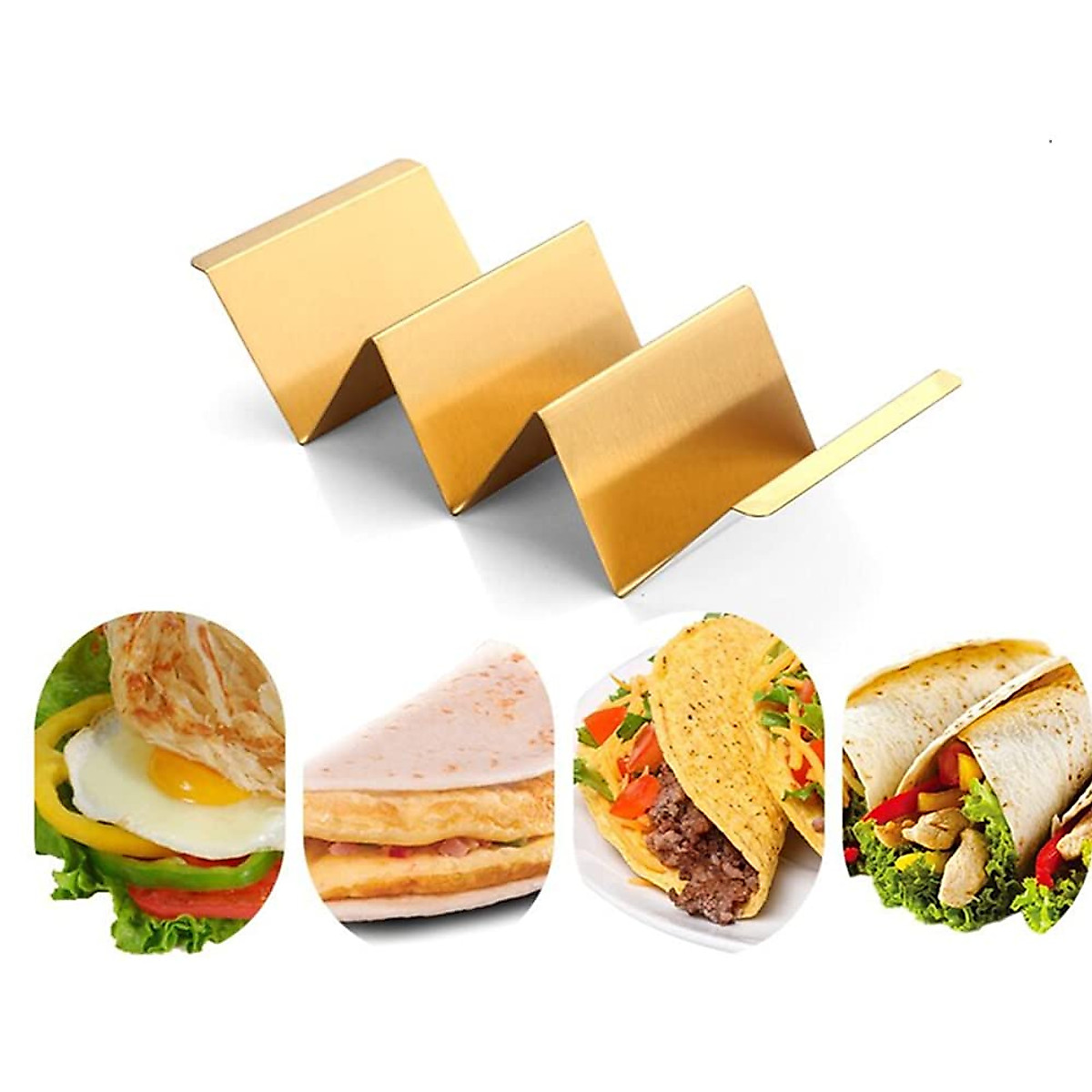 JYJFGSFA 4 Pcs Gold Taco Holders Set with 1 Food Tong, Stainless Steel Taco Stand with Handles for Party, Holds Up to 3 Tacos Each, Dishwasher Oven safe