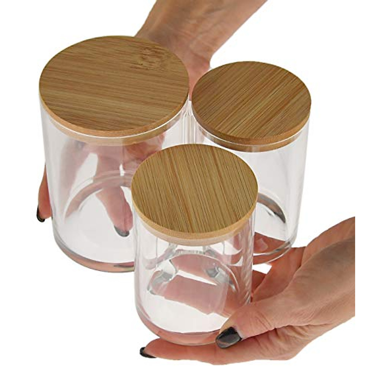 ARAD Cotton Ball, Swab, Q-tip Storage Set, 1-Piece, 3 Compartment, Clear Acrylic Jar Container with Bamboo Lid, Easy Organization on Bathroom Counters, Under-Sink Placement-6"D x 4.5" H