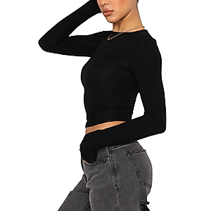 Fernvia Women's Slim Fit Basic Crop Tops Solid Color Casual Long Sleeve Crew Neck Tight Tee Shirts Fall Streetwear (A4-Basic Black, S)