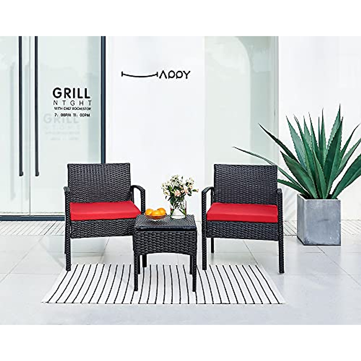 Outdoor Chairs Set Bistro Set 3 Pieces Patio Conversation Set Furniture Set for Small Balcony Rattan Chairs and Table with Cushions Red