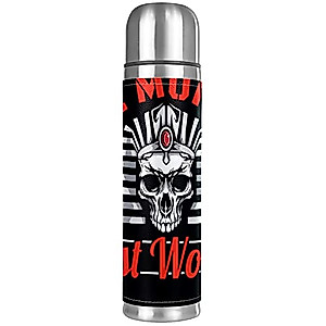 the Mummy Pharaoh Skull Head Stainless Steel Water Bottle Leak-Proof, Double Walled Vacuum Insulated Flask Thermos Cup Travel Mug 17 OZ