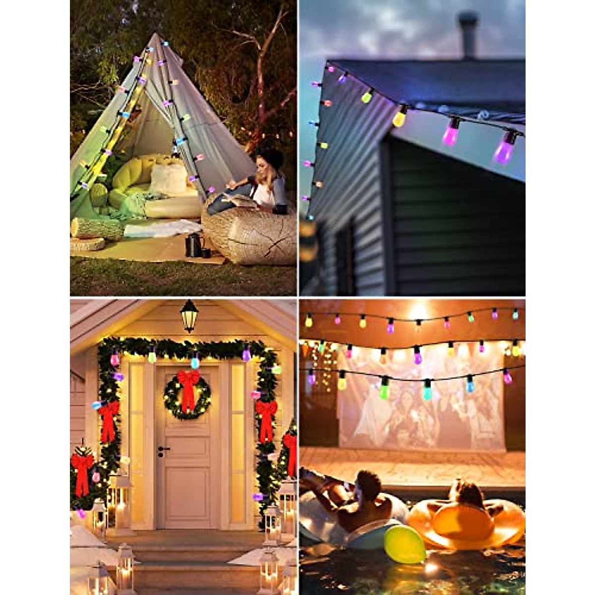Jevindo Solar Outdoor String Lights, Portable 48ft IP65 Waterproof Patio RGB LED String Lights with 15 LED Bulbs Dimmable Multi-Color, Smart Bluetooth App Control, Balcony, Backyard, Camping, Travel