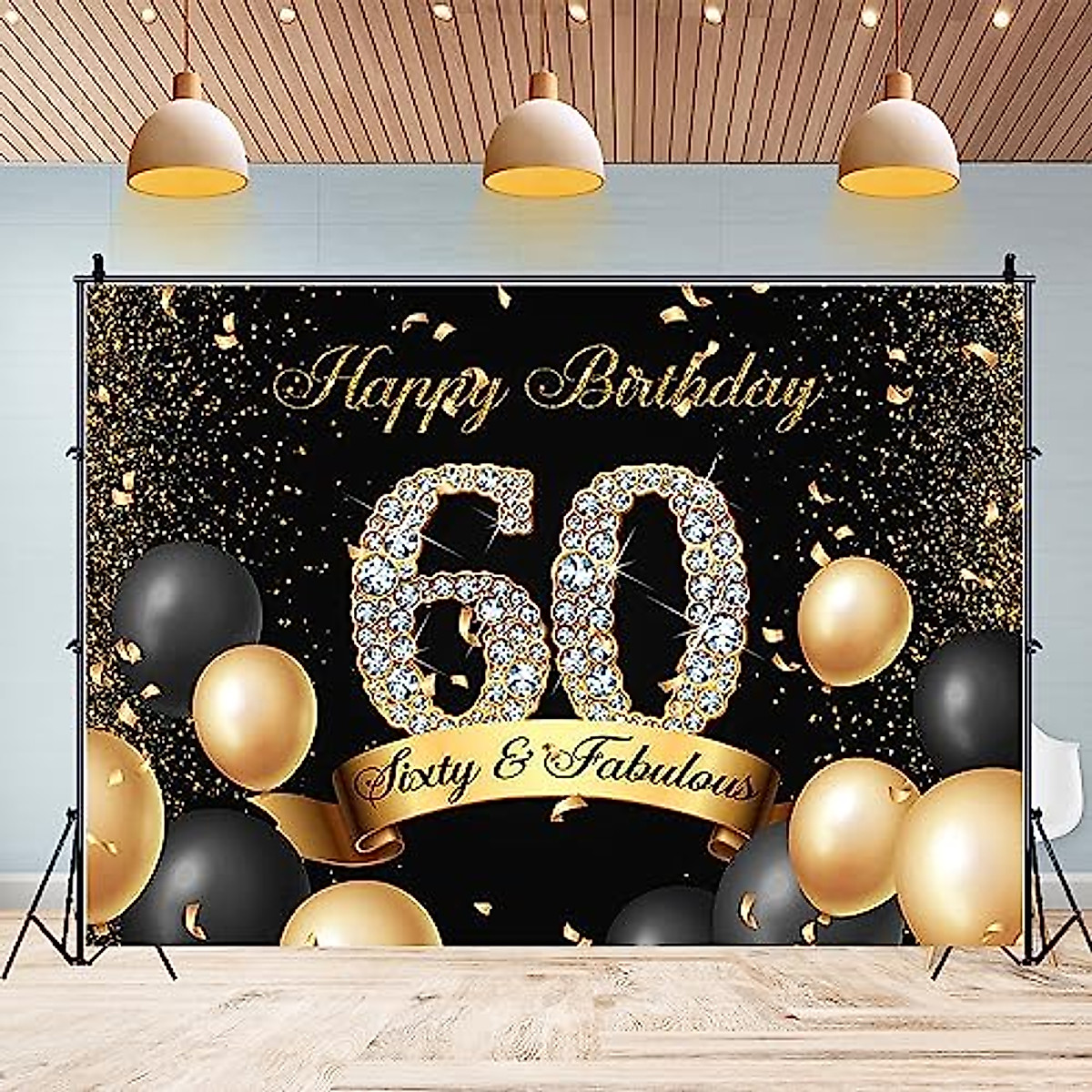 5x4Ft 60th Birthday Backdrops Black Gold Glitter Diamonds Balloons Photography Background Birthday Party Backdrop Decoration Cake Table Banner Photo Booth Props