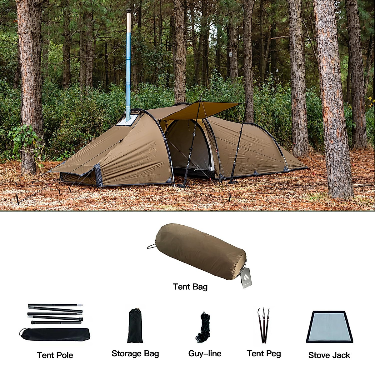 Camping Hot Tent Chimney Tent 2 Person Tent, POMOLY Locomotive 20 Tunnel Tent with Stove Jack for Hiking, Hunting, Backpacking