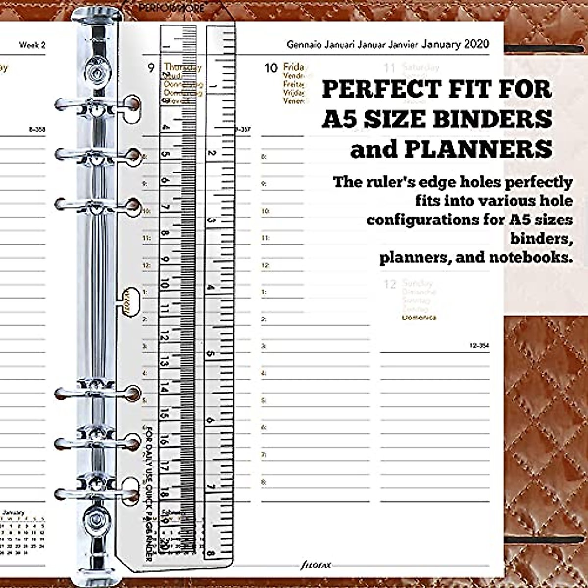 PERFORMORE 2 Pack of Snap-in 8” Bookmark Rulers, Black and Clear Plastic Page Marker Divider Pagefinder Measuring Today Ruler for A5 Size Binder Notebook Planner with Up to 7-Hole Ring Configuration