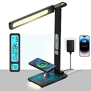 LED Desk Lamp with Wireless Charger: Desk Lamps USB Charging Ports for Home Office Bedroom - Touch Control with 5 Color Modes & Brightness Dimmable, 2 Night Lights, Eye-Caring for Reading(Black)