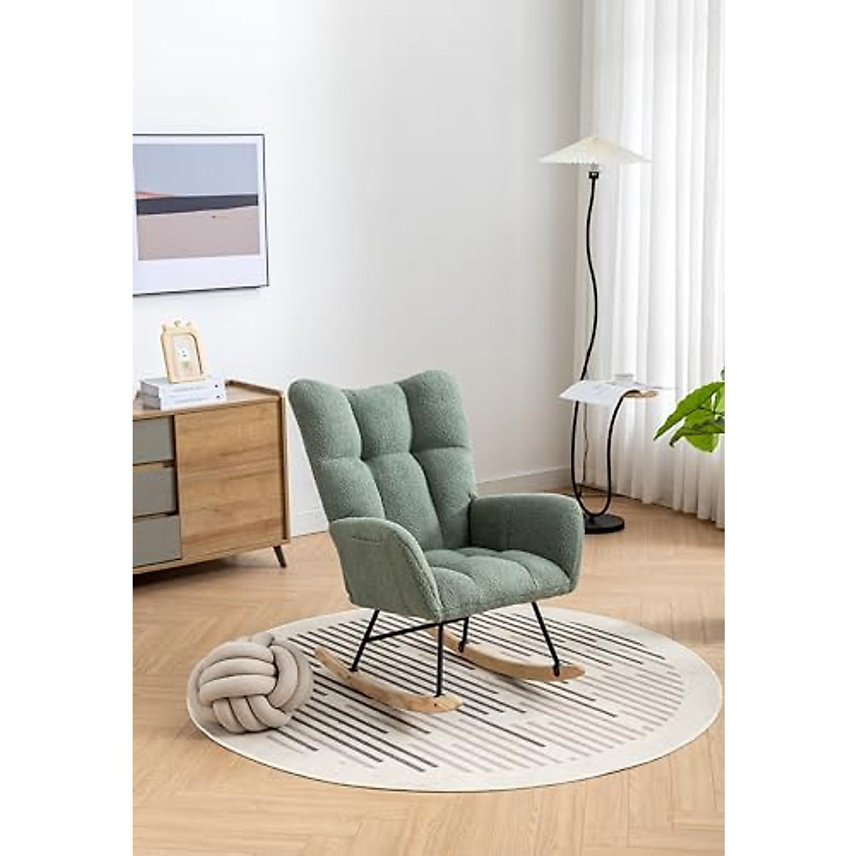 Tiophome Rocking Nursery, Upholstered Glider Rocker Accent Chairs Padded Seat with High Backrest, Comfy Side Armchair for Nursing, Living Room, Bedroom, Office,Teddy Velvet, Green, Extra Large