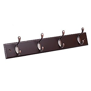 BIRDROCK HOME Oval Hook Coat and Hat Rack - 4 Hooks - 17 Inch - Wall Mount - Towel Leash Backpack Hook - Home Entryway Organization - Brown Finish - Bronze Hooks