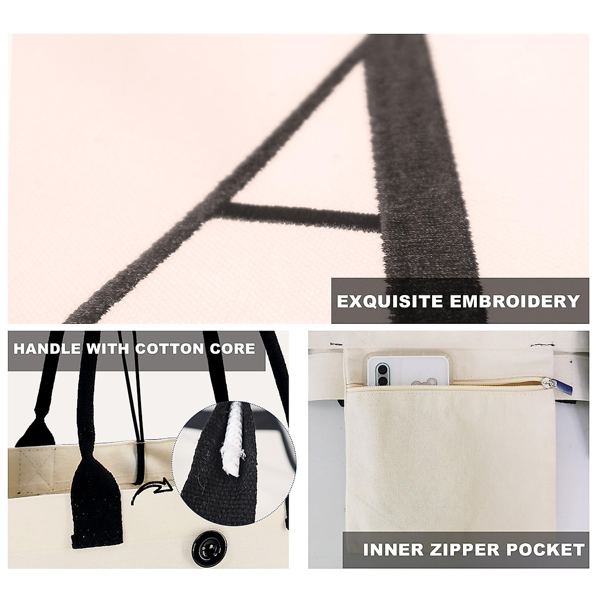 BeeGreen Monogrammed Gifts Initial Tote Bag 13oz Canvas Bag with Pocket for Teacher Gifts Birthday Bridal Shower Embroidery Large Tote Bag Personalized Beach Tote for Women Friends Mom Mother N