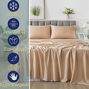 FADFAY Bed Sheets Set Cal King Size Champagne Gold Sheet Luxury Lyocell Tencel 600 TC Soft Silky Deep Pocket Sheets 17.5'' 4 Pcs, Cal King