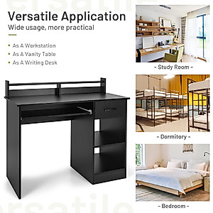 IFANNY Wooden Computer Desk, Black Home Office Desk w/Drawers, Keyboard Tray, Open Shelves & Monitor Stand, Modern Writing Desk, Compact Computer Desk for Small Spaces (Black)