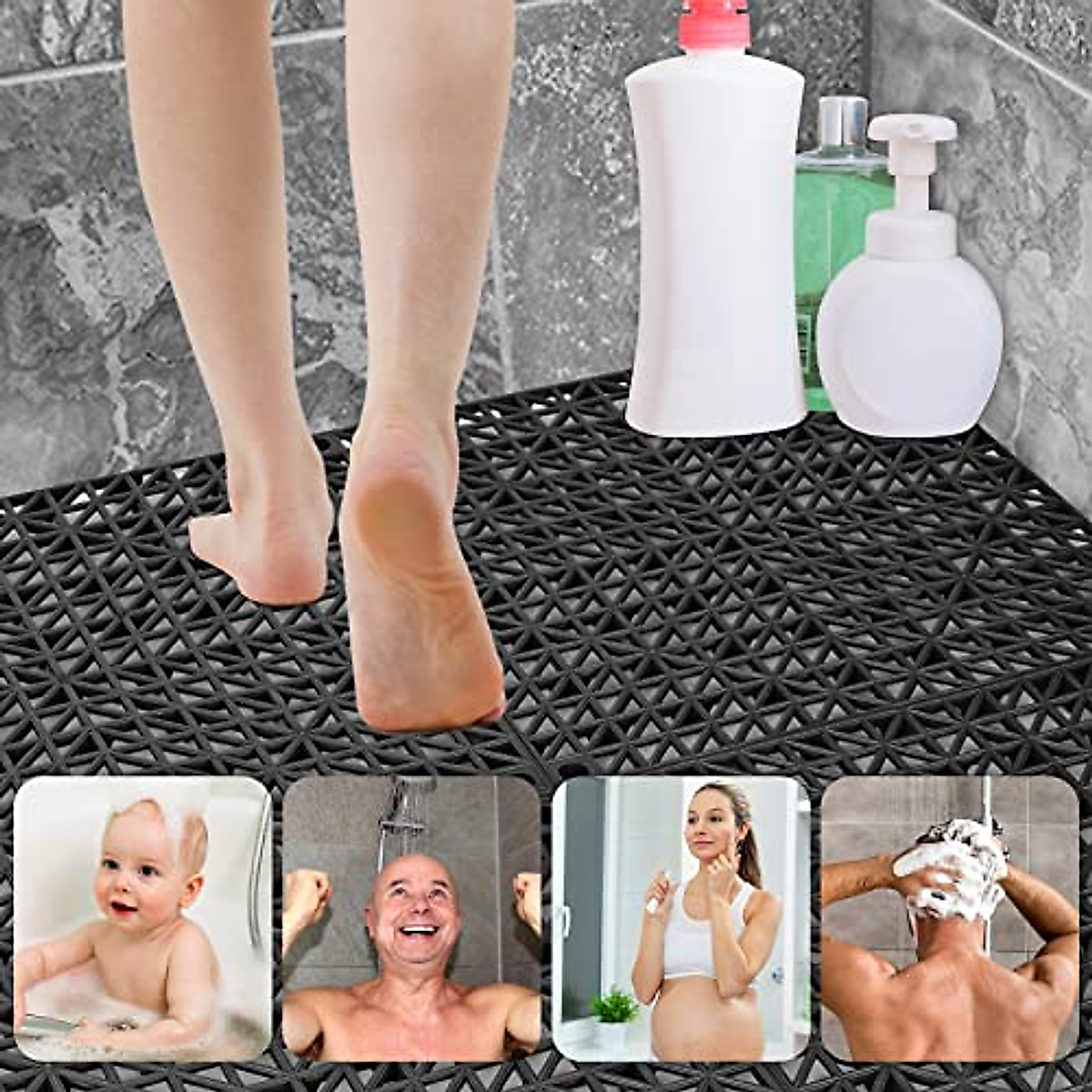 Modular Interlocking Cushion 12 Pcs 11.8" x 11.8" Interlocking Rubber Floor Drain Holes Non-Slip Splicing Drainage Mats for Deck, Shower, Kitchen, Drain Pool, Sauna Bath, Indoor Outdoor (Black)