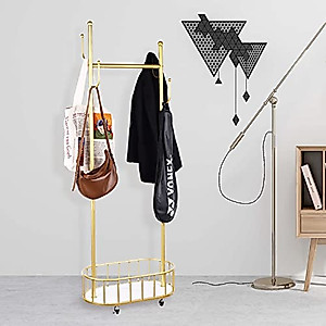 ZHANYUN Gold Metal Garment Rack, Clothes Racks on Wheels, Rolling Clothing Rack with A Hanging Rod and Bottom Storage Basket Shelves (Gold)