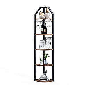 SAUCE ZHAN 70 Inch Rustic Corner Shelf 5 Tier Tall Corner Bookshelf with Storage Industrial Corner Shelf Stand with Goblet Holder Wooden Bookcase for Living Room, Kitchen, Small Space - Brown