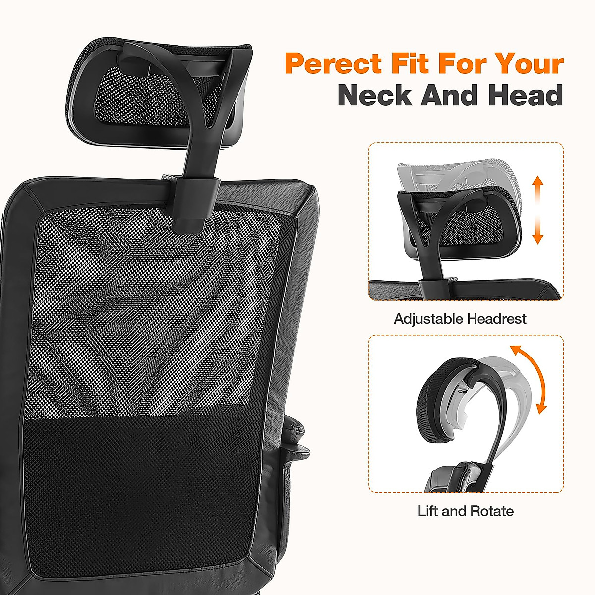 NEWBULIG Desk Ergonomic Office High Back Computer Adjustable Headrest Mesh Task Chair with Lumbar Support/Padded Armrests/Tilt Function, Black