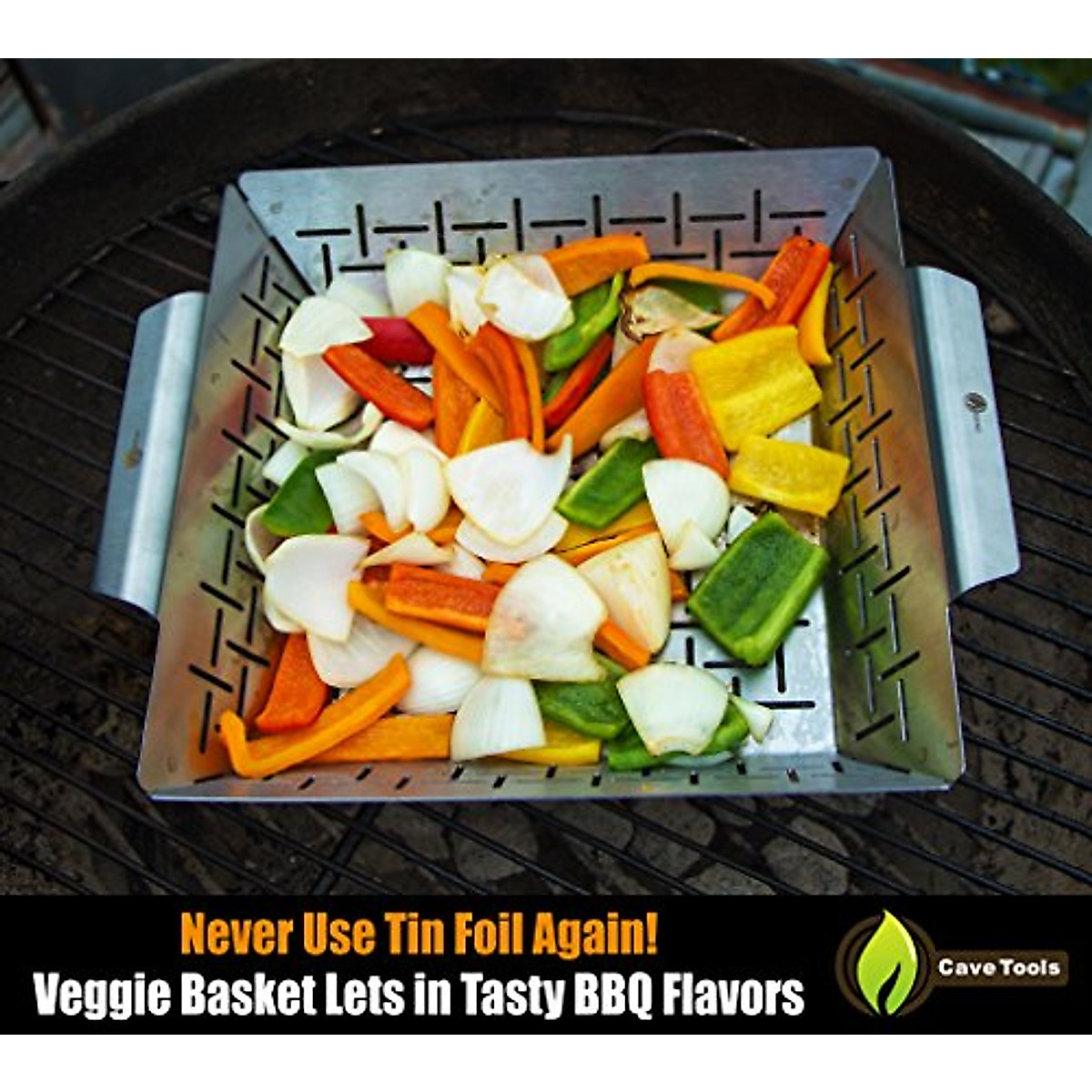 Cave Tools Vegetable Grill Basket - Large Non Stick BBQ Grid Pan for Vegetables, Meat, Fish, Shrimp, & Fruit - Dishwasher Safe Stainless Steel - BBQ Grill Accessories