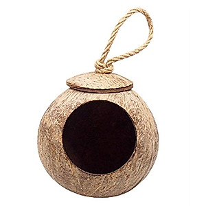 Bird Feeder Natural Coconut Shell Bird Nest with Hanging Lanyard, Birdhouse Hut Cage Feeder Toy for Pet Parrot