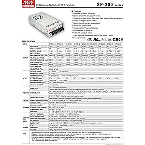 PFC Function Enclosed 201.6W 24V 8.4A SP-200-24 Meanwell AC-DC Single Output SP-200 MEAN WELL Switching Power Supply