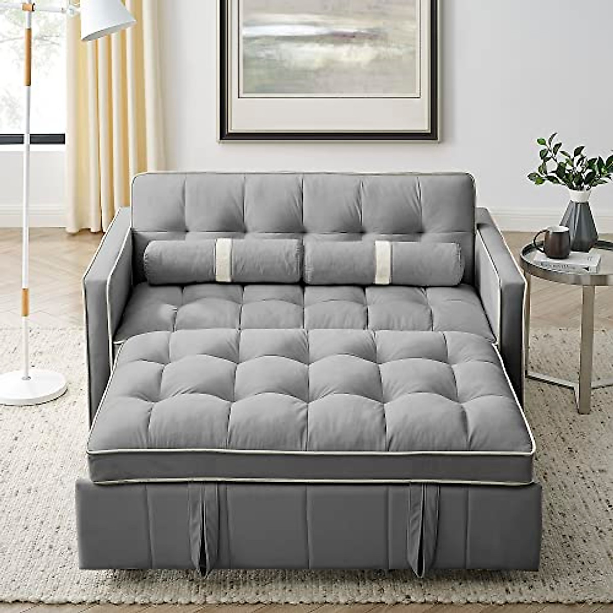 HomSof Modern 55.5" Pull Out Sleep Bed 2 Seater Loveseats Sofa Couch with Side Pockets Adjsutable Backrest and Lumbar Pillows for Apartment Office Living Room, Style E, Grey