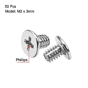 uxcell M2x3mm Phillips Screw Fastener Silver Tone 3.8mm Dia Screw Head for Laptop PC TV Fan Switch 50pcs
