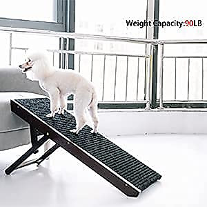 MEWANG 19" Tall Adjustable Pet Ramp - Wooden Folding Portable Dog & Cat Ramp Perfect for Bed and Car - Non Slip Carpet Surface 4 Levels Height Adjustable Ramp Up to 90 Pounds - Small Dog Use Only
