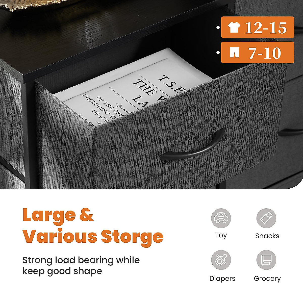 Sweetcrispy 8 Drawers Dresser for Bedroom, Kidsroom Furniture, Tall Chest Tower, Storage Organizer Units for Clothing, Closet, Fabric Bins, Wood Top, Steel Frame, Lightweight, Assemble Tools Include