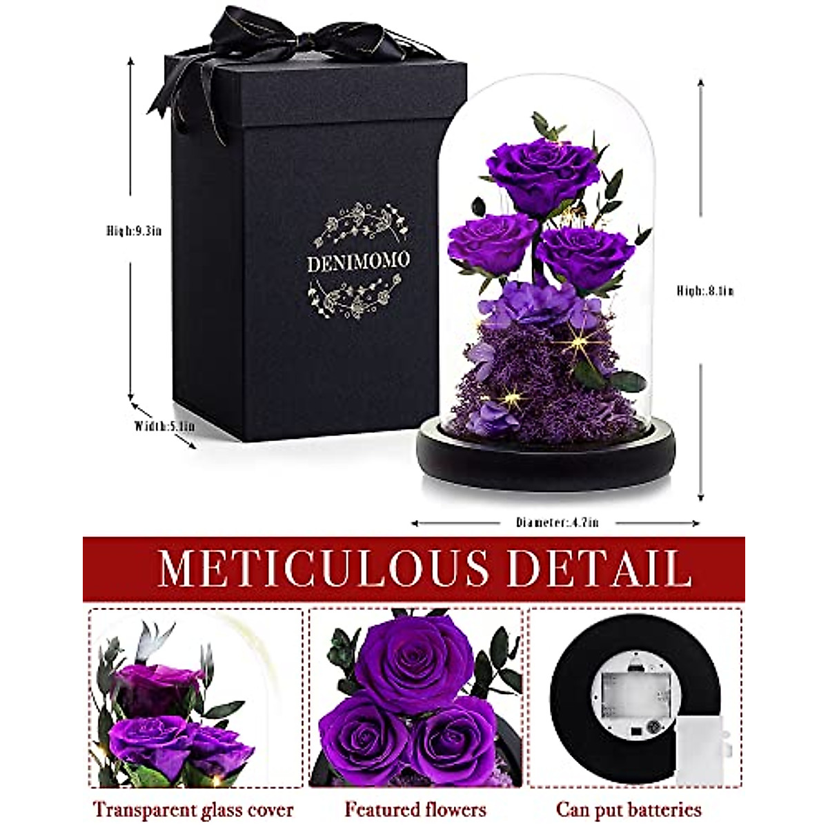 DENIMOMO Preserved Rose Gifts for Mom Wife Grandma Forever Real Roses in Glass Dome,Beauty and The Beast Rose Flowers,Thanksging Anniversary Birthday Gifts/Purple