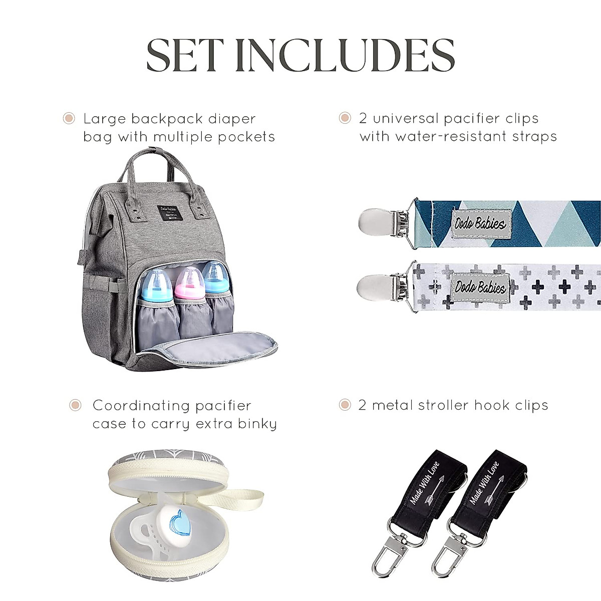 Dodo Babies Diaper Bag Backpack Set - Insulated & Waterproof Pockets - Plus Two Pacifier Clips, Binky Case & Stroller Straps (Teal/Grey)