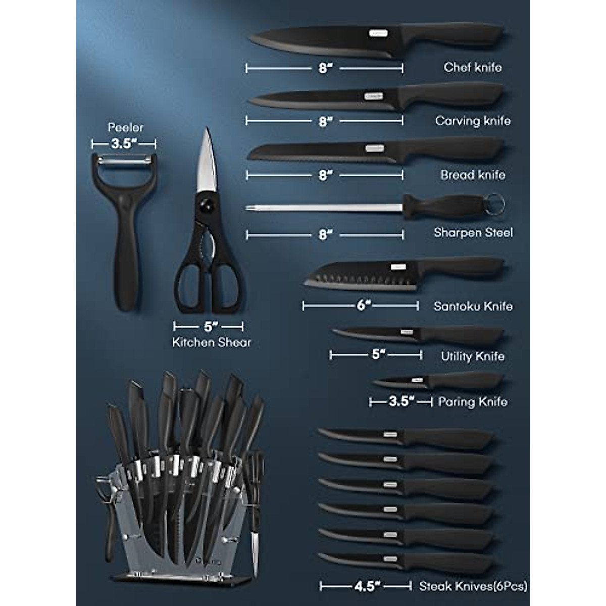 Knife Set, D.Perlla 16 Pieces Black Kitchen Knife Set with Acrylic Stand, High Carbon Stainless Steel, BO Oxidation Knife Block Set, No Rust, Non Slip Handle, Sharp Knife