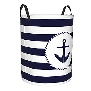 Large Laundry Hamper Bag, Anchor Navy and White Nautical Laundry Basket Collapsible Dirty Clothes Storage Washing Bin for Bathroom, Dorm Essentials