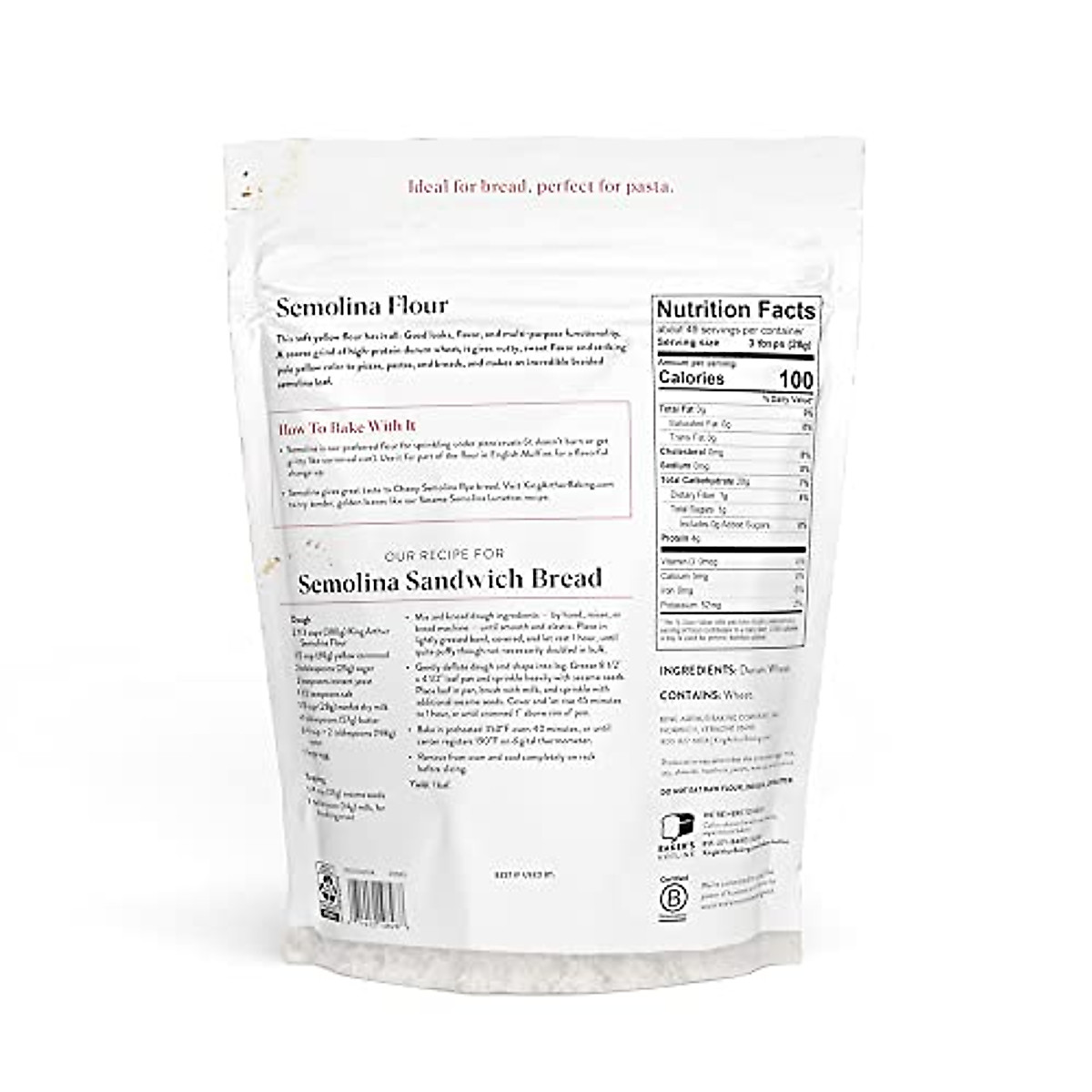 King Arthur Semolina Flour, Coarse Ground, High Protein Durum Wheat, Kosher, 3lbs,White