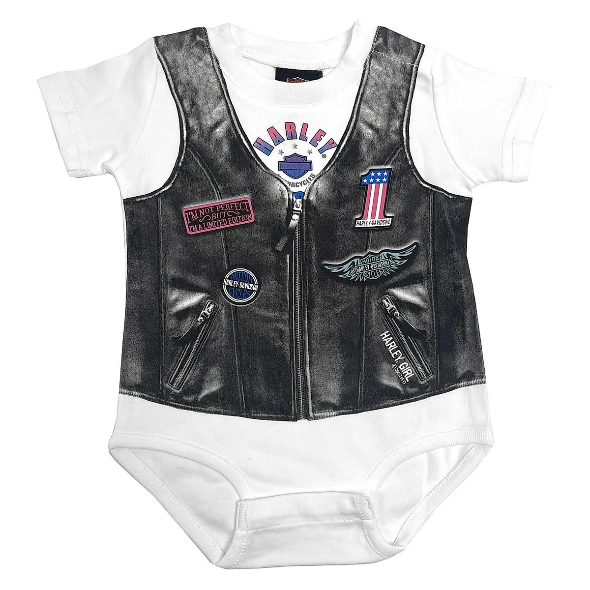 Harley-Davidson Baby Girls' Faux Leather Vest Short Sleeve Creeper (3/6M)