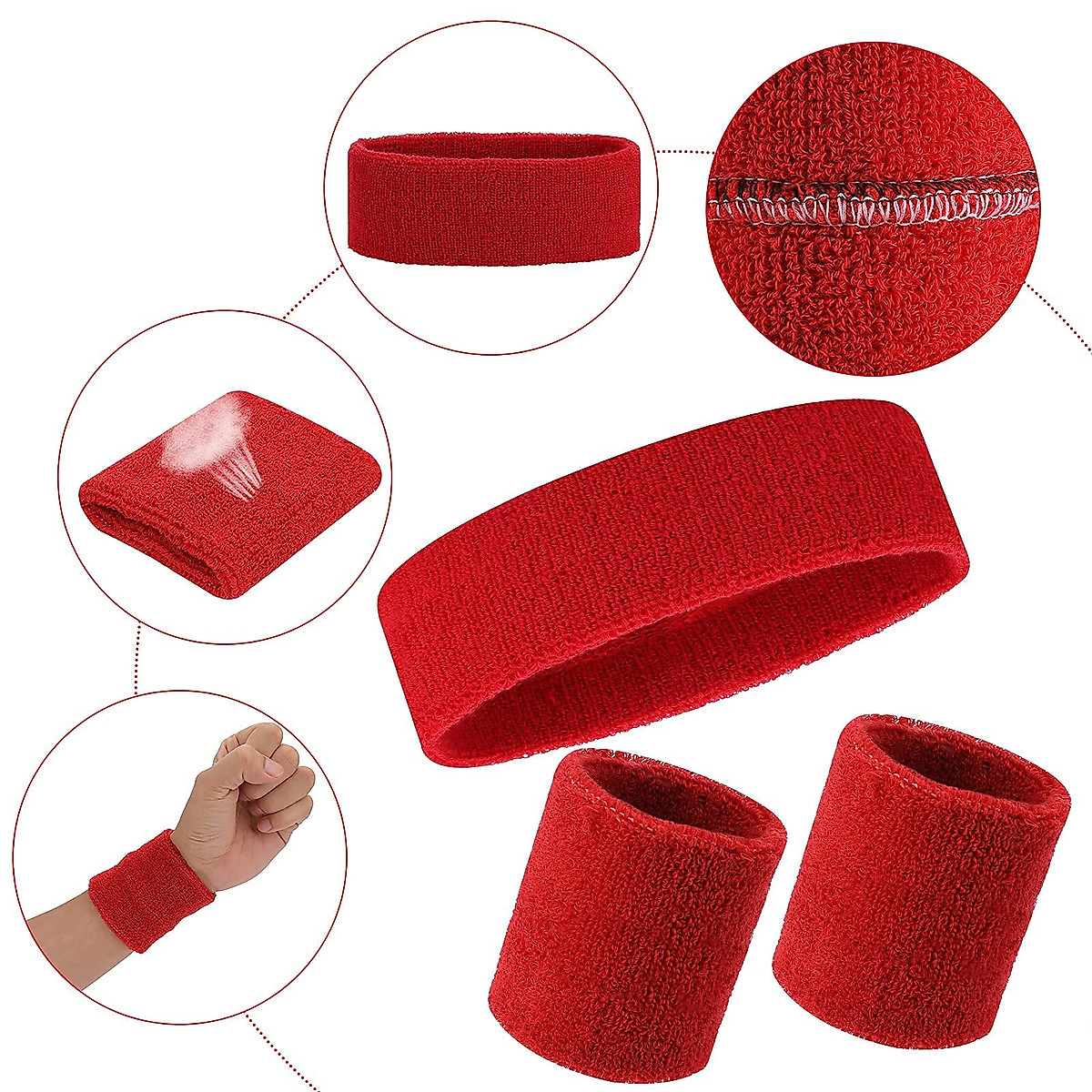 Yolev Sports Headband Wristband Set Sweatbands (1 Headband and 2 Wristbands) for Athletic Men and Women red