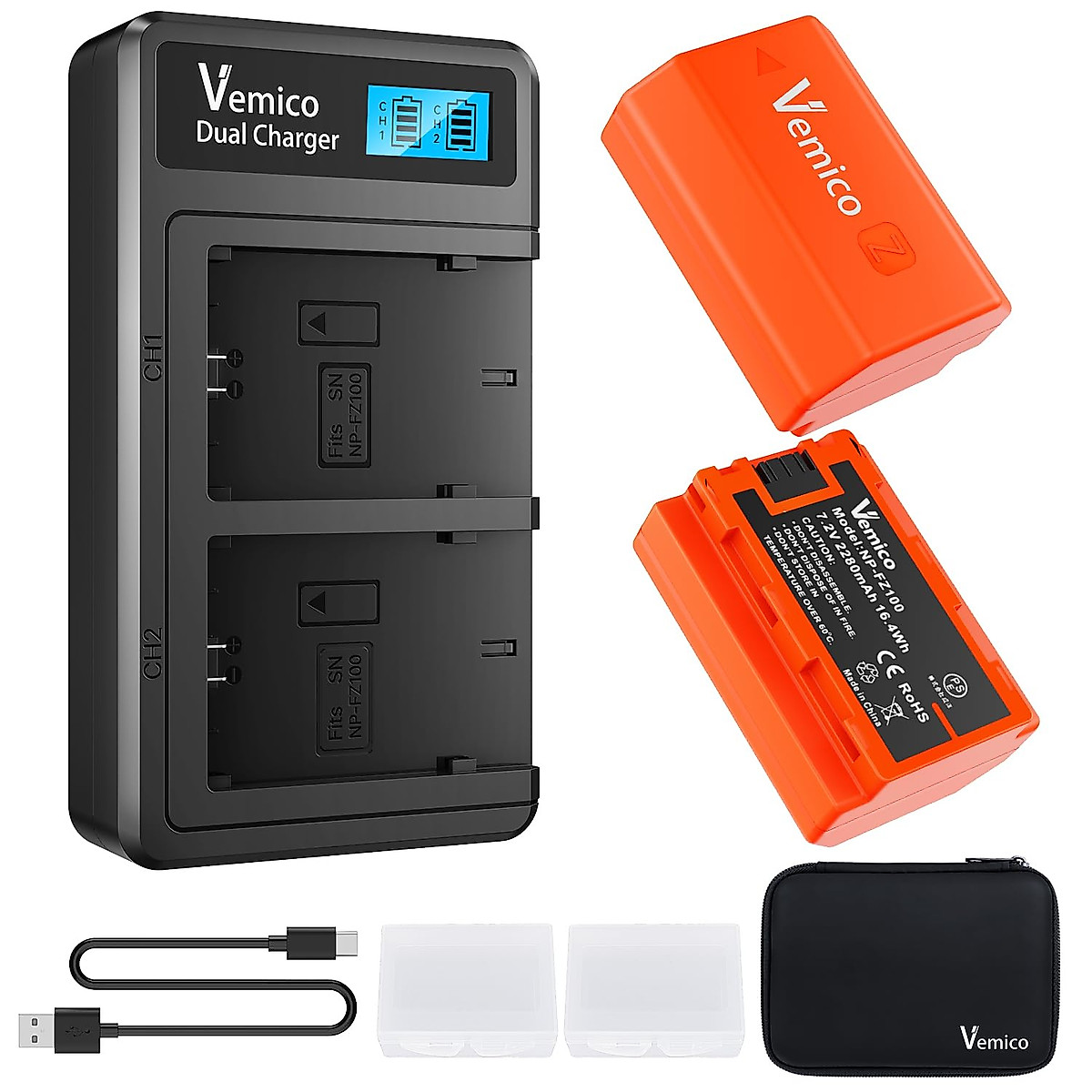 Vemico NP-FZ100 Battery Charger Set Z-Series 2 X 2280mAh Replacement Batteries with LCD Type-C Charger for Alpha A6600/A7III/A7R III/FX3/A1/A7 RIII/A7S III/A7C/A9/A9S/A9R/A7IV/A7R4 etc.