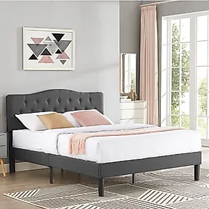 VECELO Full Size Upholstered Platform Bed Classic Diamond Stitched Cloth Panel Headboard/Mattress Foundation/Easy Assembly/Strong Slat Support,Dark Grey