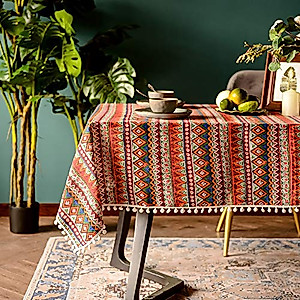 SUTAVIA Pompom Tassel Tablecloth for Bohemian Rectangle Table Covers，Wrinkle Free Linen Bohemian Style Design Table Cloth for for Dining Room, Tabletop Decoration (Red, 60"x84")