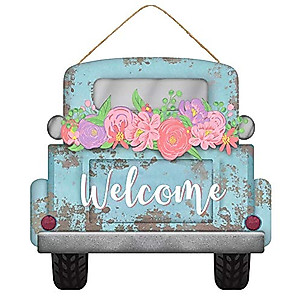 Easter Welcome Vintage Truck Sign - 12" x 11.5", Spring Flowers, Holiday Wreath, Front Door Decor, Home, Kitchen, Patio, School Classroom Decoration