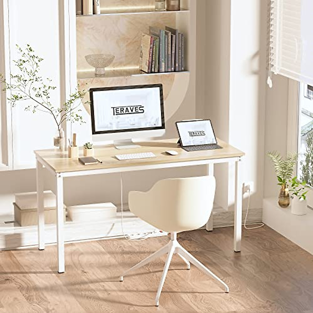 Teraves Computer Desk/Dining Table Office Desk Sturdy Writing Workstation for Home Office (47.24”, Beige + White Frame)